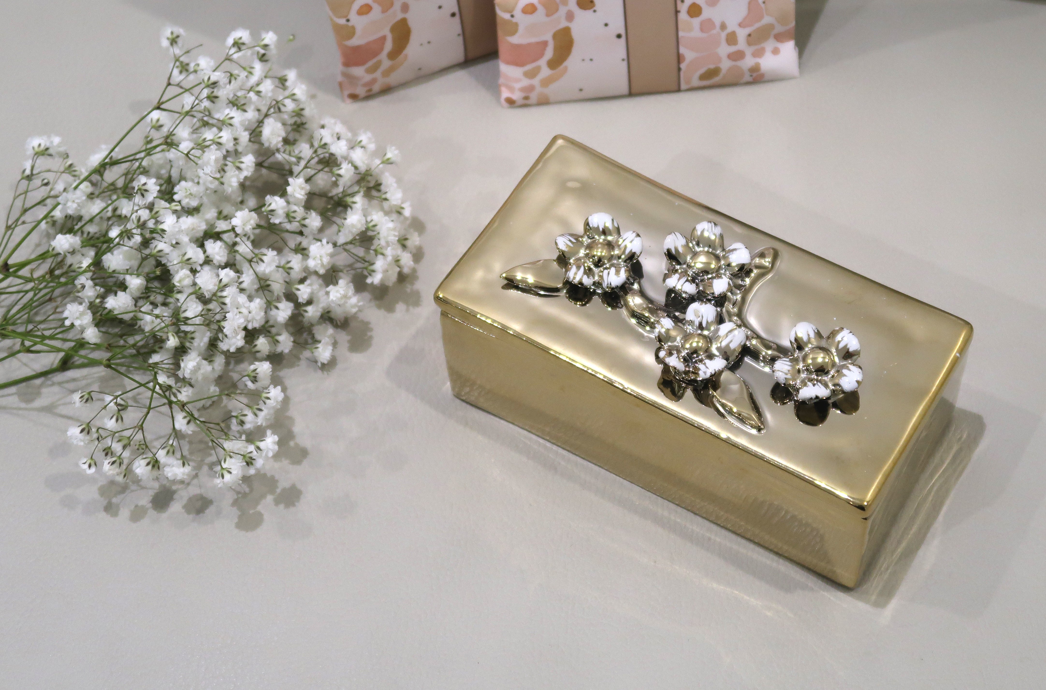 Oblong Gold Decorative Box With Flower Design Lid – Vivience